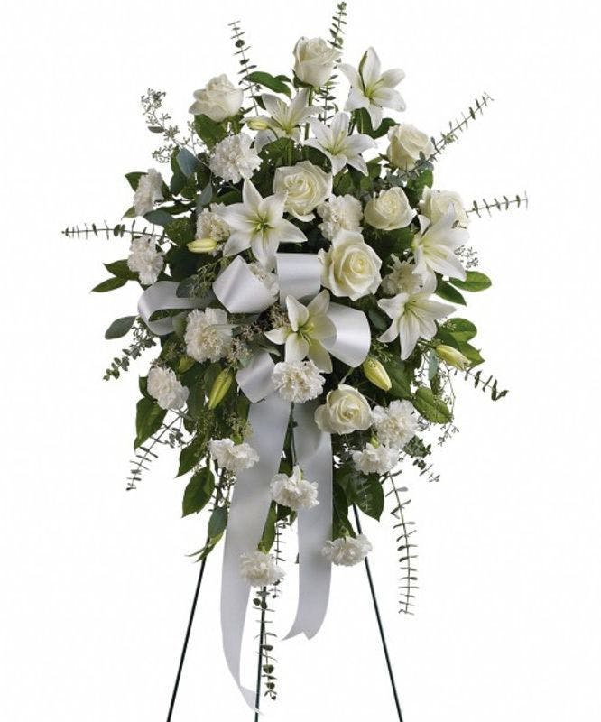 Elegant White Funeral Spray w/ Roses | Deliver Funeral Flowers Today